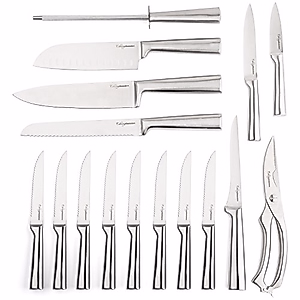 Knife Block Set - 17 Pieces - Includes Solid Wood Block, 6 Stainless Steel Kitchen Knives, Set of 8 Serrated Steak Knives, Heavy Duty Poultry Shears, and a Carbon Steel Sharpening Rod