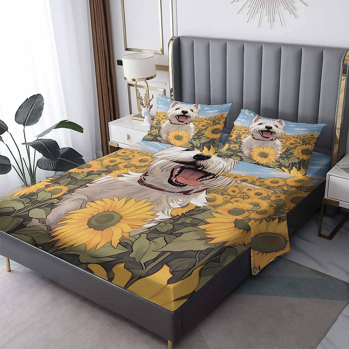 Schnauzer Sheets Full Size, Sunflower Plant Bed Sheets, Patterned Bedding Sheets & Pillowcases 4 Piece Set - Soft Microfiber Deep Pocket Fitted Sheet & Flat Sheet & 2 Pillow Cases L3-&-220