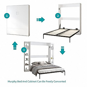 BALUS 97" W Murphy Bed with 2 Storage Cabinets, Queen Size Murphy Cube Cabinet Bed, Solid Wood Fold up Horizontal Murphy Wall Bed, Folding Bed Frame for Guest Room Bedroom Apartment - White