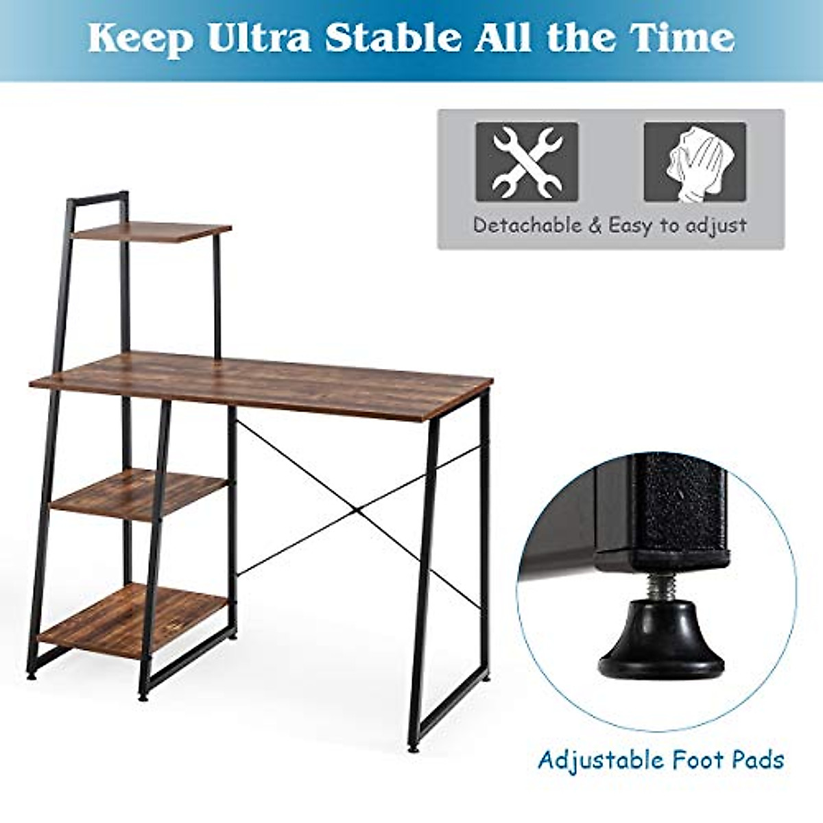 Tangkula Computer Desk with 4 Tier Shelves, Writing Desk Study Desk, Compact Computer Desk Workstation with X-Shaped Metal Frame & Adjustable Foot Pads, Home Office Desk (Brown)