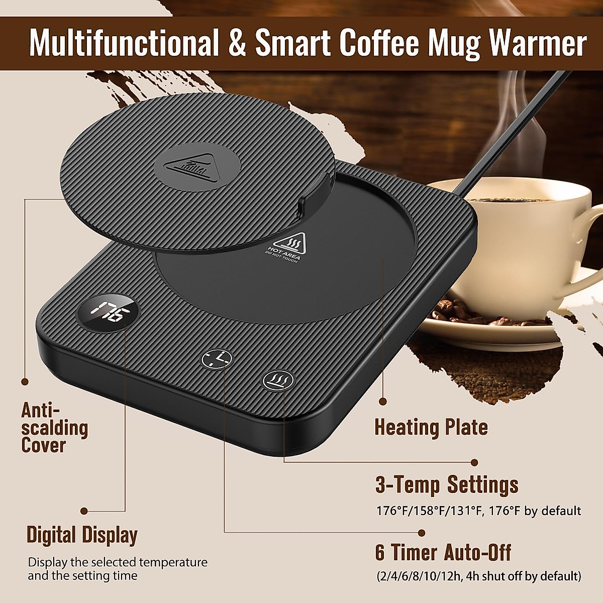 Mug Warmer, Coffee Mug Warmer with 3-Temp Settings, Auto Shut-Off Coffee Warmer, Anti-Scalding Waterproof Mug Warmer for Desk, Coffee Cup Warmer Display Status, Coffee Warmer for Desk for Coffee Milk
