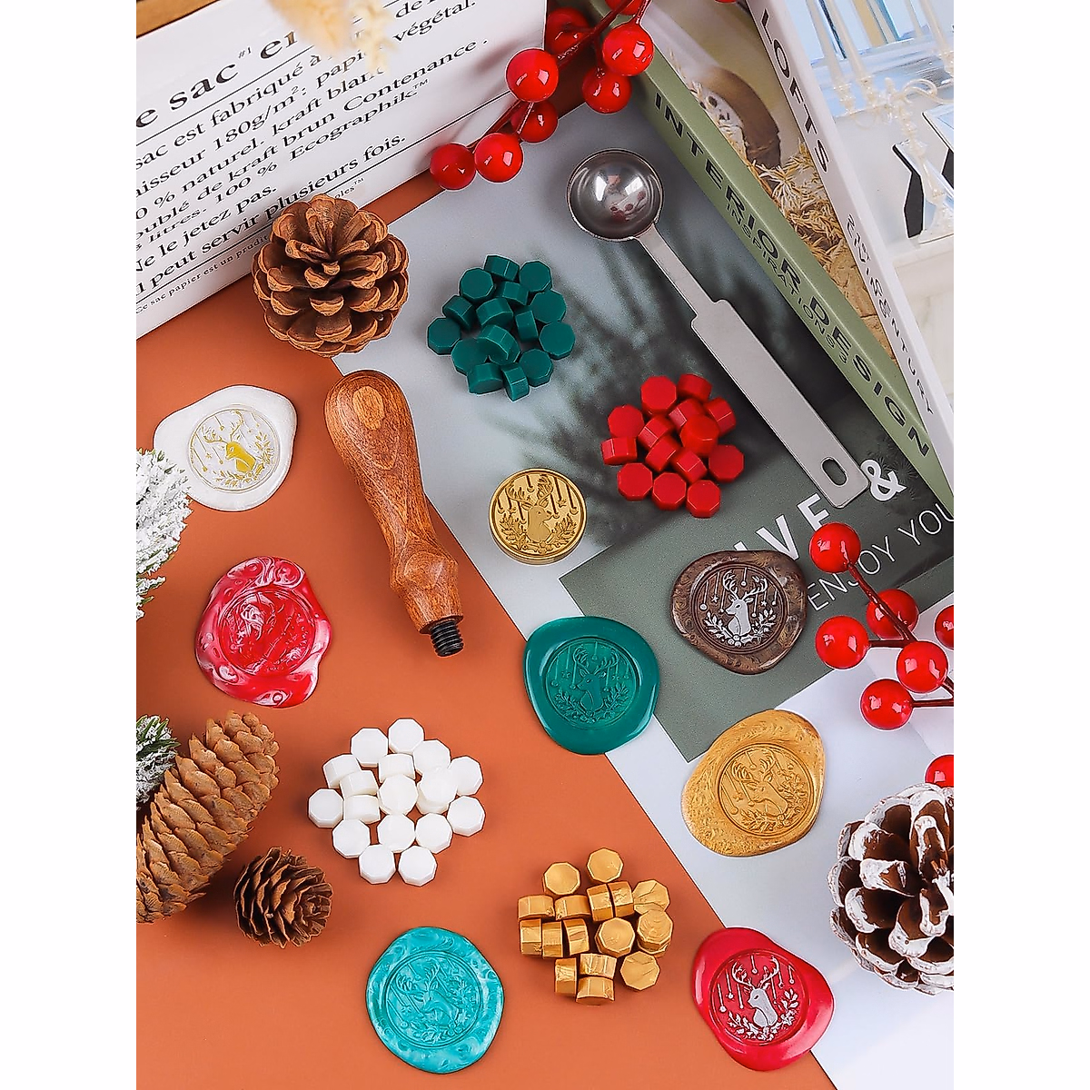 Christmas Wax Seal Stamp Kit Lanstics Wax Seal Stamp Brass Head, 200Pcs Sealing Wax Beads in 4 Colors, Wooden Hilt, Melting Spoon, Tea Candles for Cards Envelopes, Gift Packaging