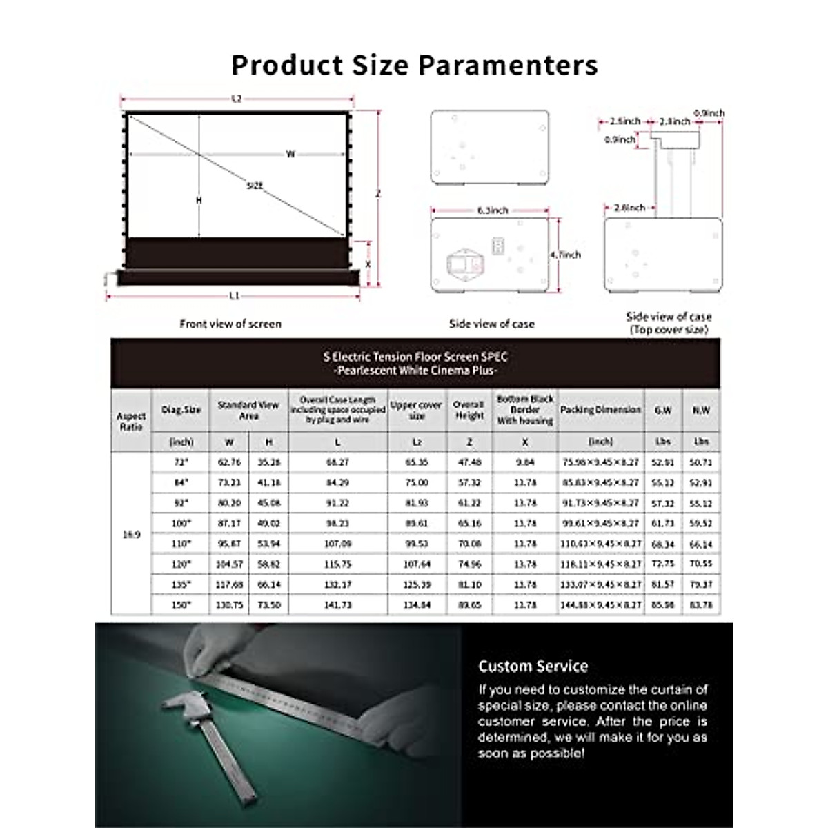 VIVIDSTORM Since 2004-Projector Screen,Pearlescent Cinema White Plus Screen,Black Housing Motorized Floor-Rising Projection Screen,VSDSTZW72H