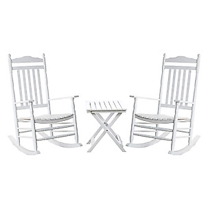 BplusZ Outdoor Patio Wooden Rocking Chairs Small Folding Side Table Set 3 Piece Furniture, 2 Rockers and 1 Foldable End Table, Porch Bistro Balcony, White