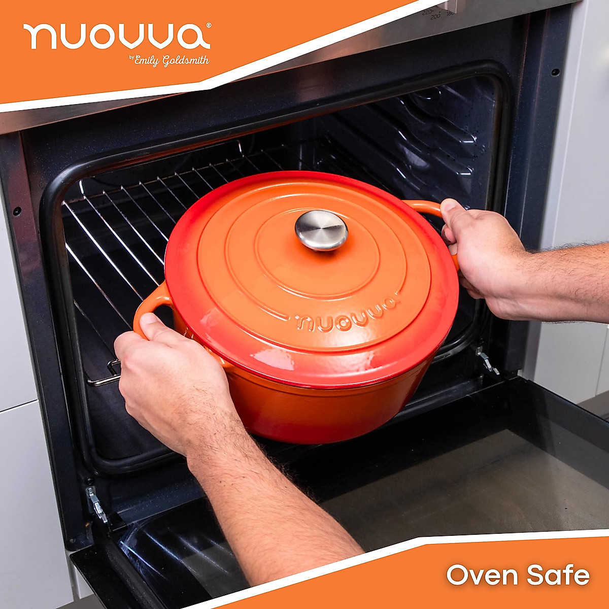 Cast Iron Dutch Oven with Lid – Non-Stick Ovenproof, Enamelled Casserole Pot –Oven Safe up to 500° F Sturdy Dutch Oven for Bread Baking – Orange, 6.4-Quart, 28cm – by Nuovva