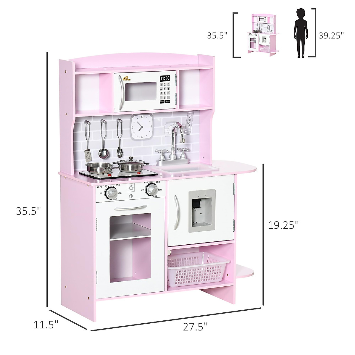 Qaba Pretend Play Kitchen Toy Set for Kids with Realistic Design, Stove Lights, Storage, Water Dispenser, for 3-6 Years Old, Pink