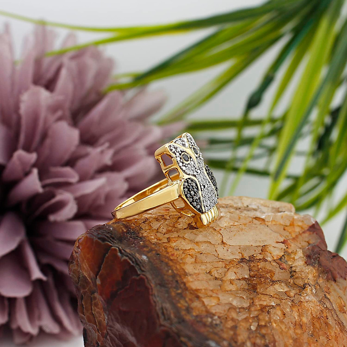 AFFY 1/4 Carat Round Cut Black And White Natural Diamond Owl Ring In 14K Yellow Gold Over Sterling Silver (0.25 Cttw, I2-I3 Clarity) Ring Size-8