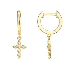 PAVOI 14K Yellow Gold Plated S925 Sterling Silver Post Drop/Dangle Huggie Earrings for Women | Dainty Cross Earrings