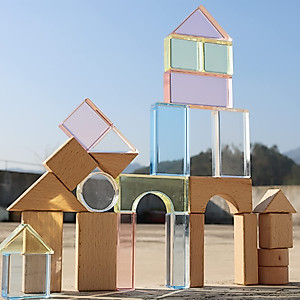 KOAICS 28PCS Rainbow Crystal Geometric Acrylic Blocks Castle Building Sensory Game High Transparent Preschool Colorful Learning Light Shadow Toys for Kids (Macaron)