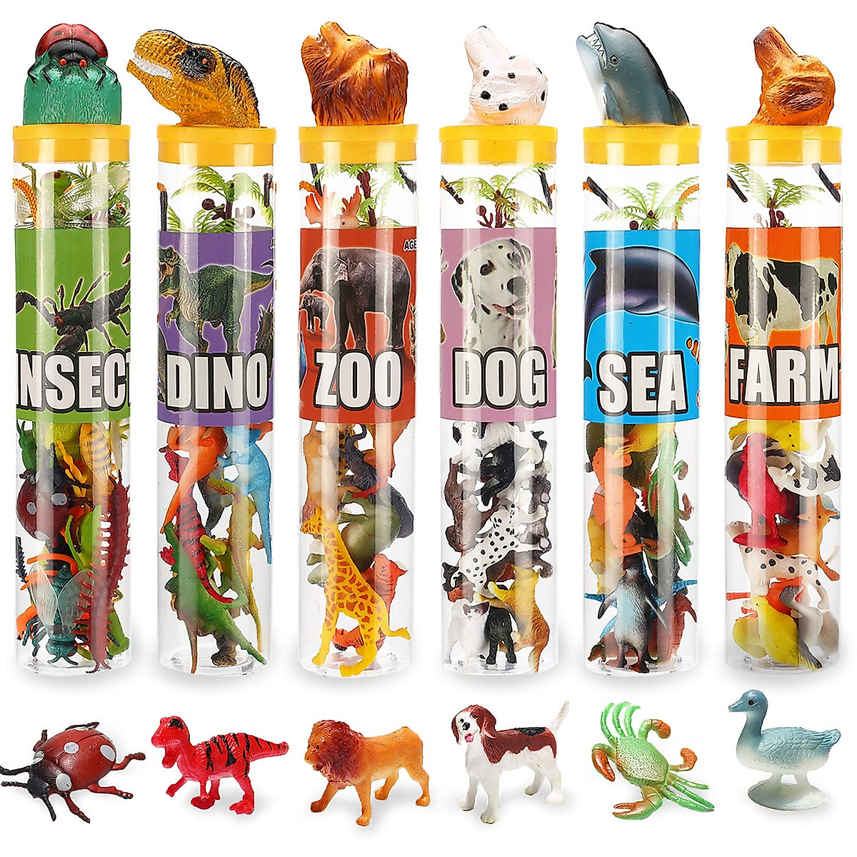 82 Piece Animal Toy, Assorted Mini Dinosaur Insect Ocean Sea Farm Jungle Animal Dog Figure, Realistic Vinyl Plastic Small Zoo Play Set for Sensory Bin Cupcake Topper Party Favors