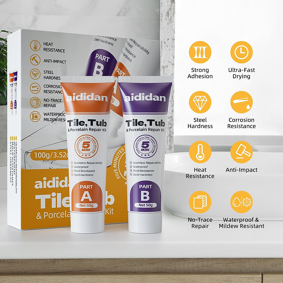 Ultra-Fast Drying Porcelain Repair Kit, Tile and Tub Repair Kit - Repair Chips & Cracks | Extra Strong Adhesive | Bathtub Repair Kit for Ceramic Sink, Shower, Acrylic, Fiberglass and Enamel (White)