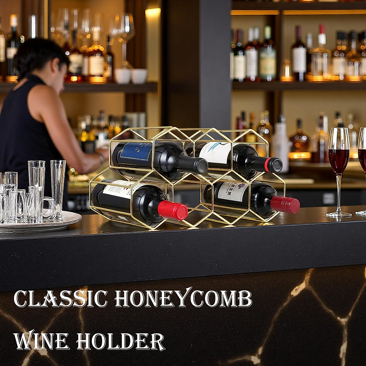 9 Bottles Metal Wine Rack, Countertop Free-Stand Wine Storage Holder, Space Saver Protector for Red & White Wines - Gold