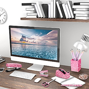 10 Pcs Bling Office Accessories for Desk Bling Crystal Office Supplies Set Desk Accessory Kit Glitter Stapler Staple Remover Tape Dispenser Diamond Pen Scissors for Women Office Home Desk (Pink)