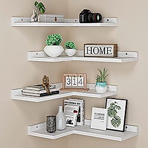4 Tier Floating Corner Shelves White Set of 4, Rustic Pine Wooden Floating Corner Wall Shelf for Wall Décor Storage, L Shaped Corner Shelf Wall Mount for Bedroom, Living Room, Bathroom, Kitchen.