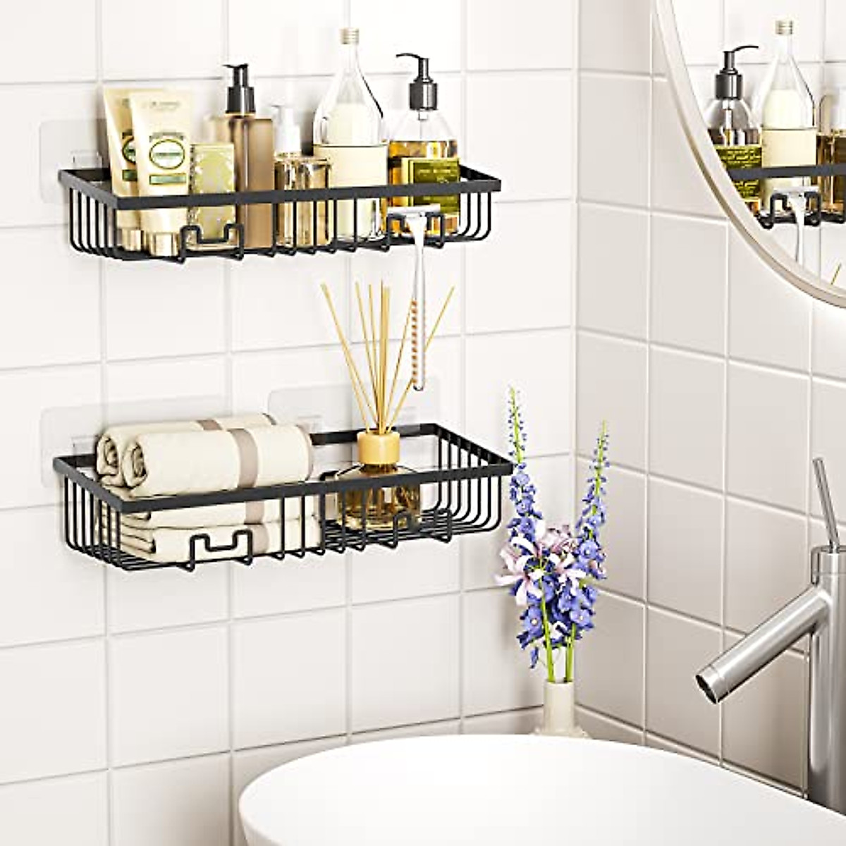 Alsonerbay Shower Organizer Bathroom Caddy for Shower, No Drilling Shower Shelf Baskets for Storage, Rustproof Metal Shower Rack, 2 pack, Matte Black