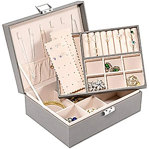 Allinside Jewelry Box Organizer for Women Teen Girls, 2 Layers PU Leather Jewelry Display Storage Case with Lock, Velvet Lining, Choice, Gray