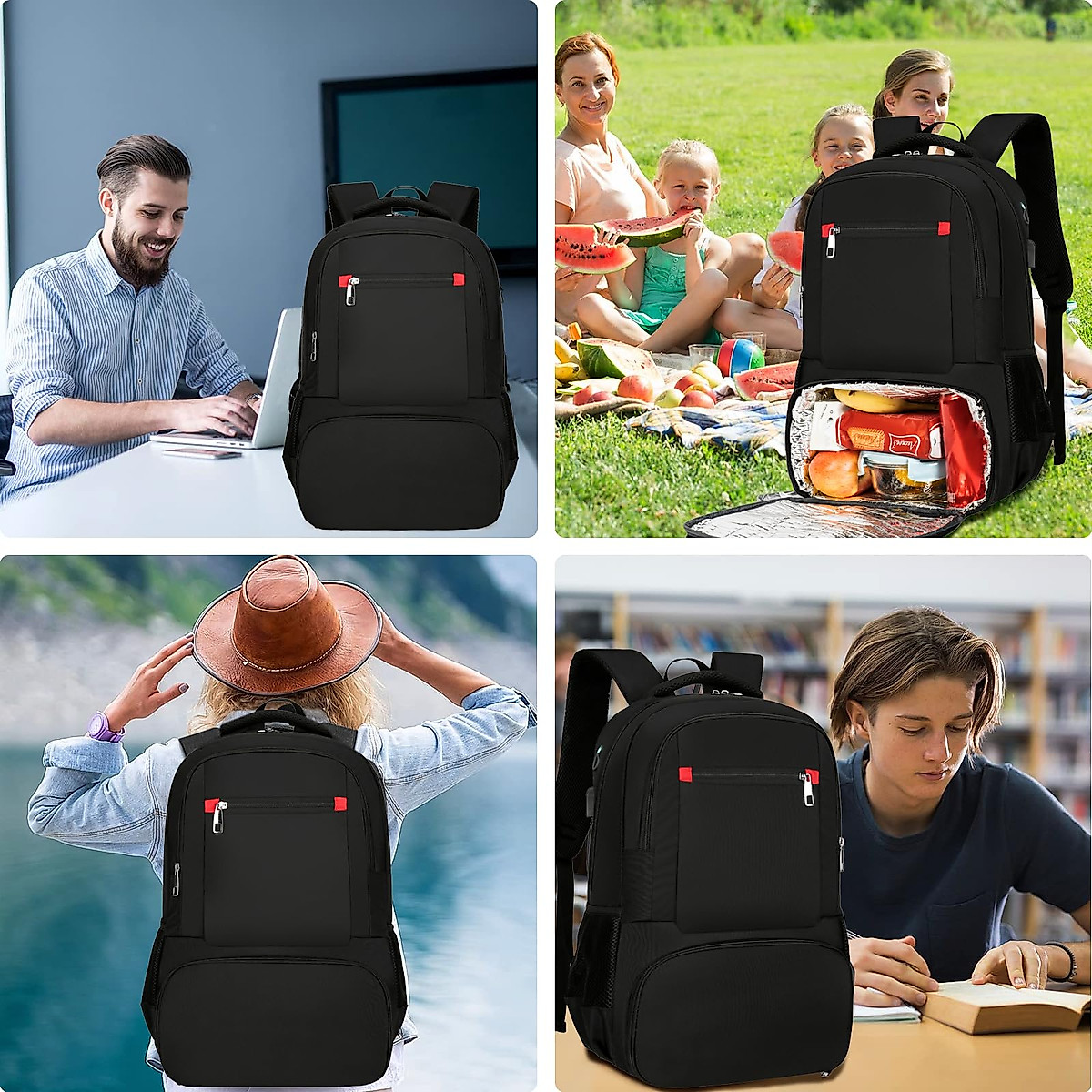 DAILY&DIARY Lunch Backpack, Insulated Cooler Backpack with Lunch Compartment for Men Women Water Resistant Lunch Bag 15.6 Inch Laptop Backpack Durable for Work, School, Camping, Picnics, Black