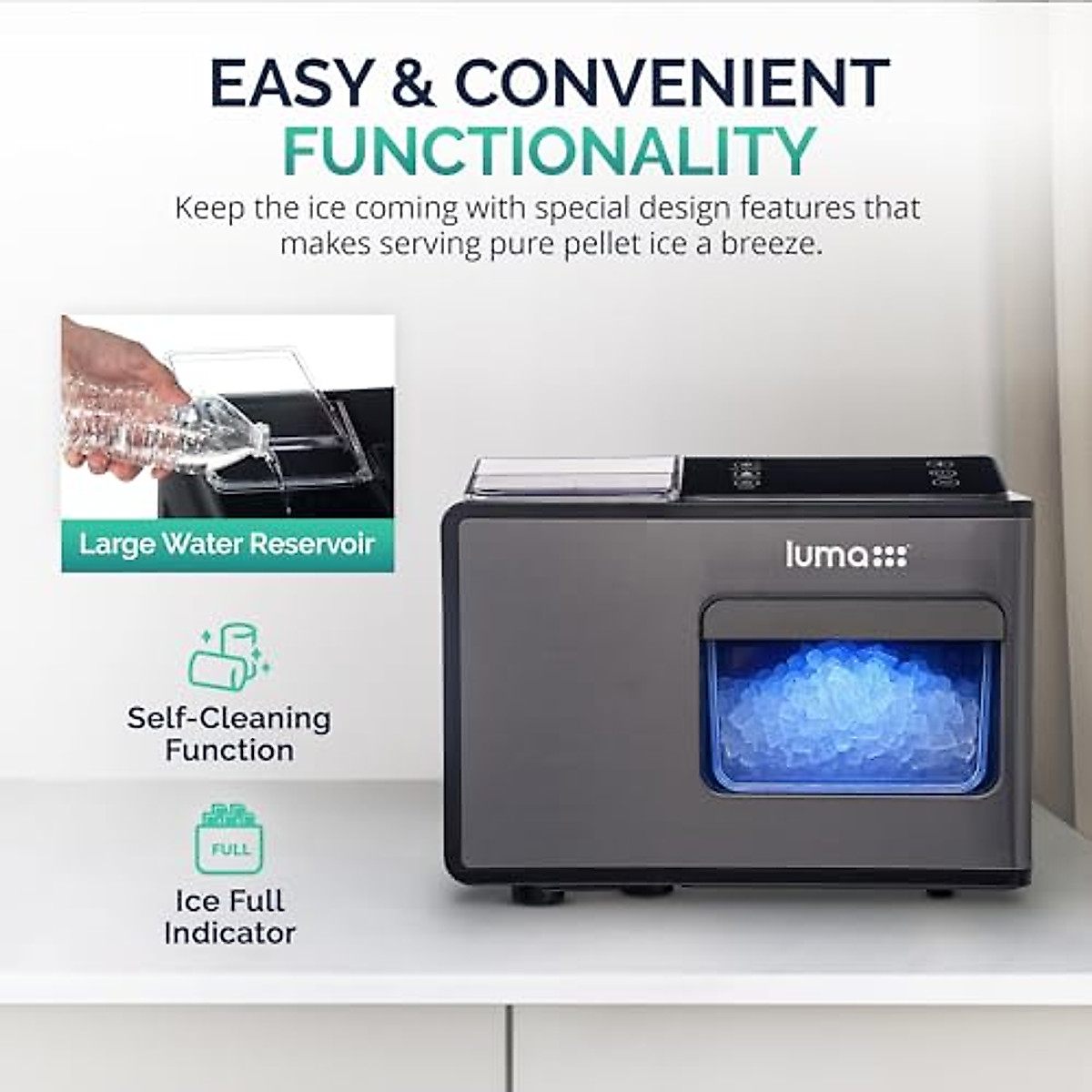 Luma Nugget Countertop Ice Maker, 44 lbs in 24 Hours, Black Stainless Steel Ice Machine, Perfect for Home Bar, Kitchen Countertop, RV, Home Office