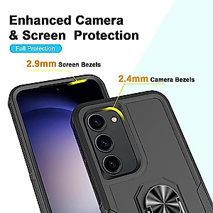 LEXNEC for Samsung Galaxy S23 Case with Tempered Glass Screen Protector,Heavy-Duty Tough Rugged Phone Case Cover with Ring Holder Kickstand for Galaxy S23 5G (6.1", 2023) [Black]