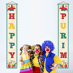 Happy Purim Porch Banner Jewish Carnival Hamantaschen Gragger Puppet Hat Holiday Front Door Wall Hanging Party Decoration