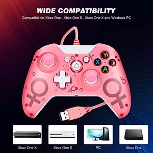 fuxinya Wired Controller, Compatible with Xbox One/One S/One X/One Elite/Windows PC, USB Wired Gamepad Remote Controller, PC Game Controller with Headset Jack [2021 Newest Version] (Pink)