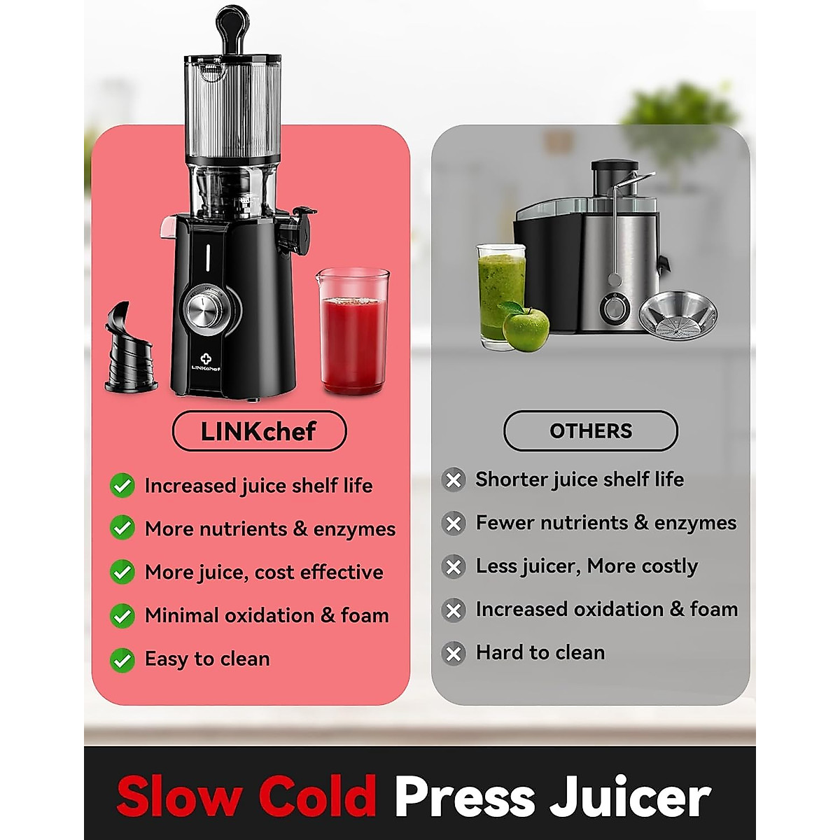 Rush Clear Slow Masticating Juicer Machines, Cold Press Juicer with No-Prep 4.35" Feed Chute Fit Whole Fruits & Vegetables Juicer Machine Easy to Clean, LINKChef 42oz Capacity, 200w, Blackout