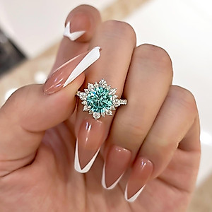 Effinny Moissanite Engagement Ring Snowflake Design Halo Round Cyan Blue Promise Ring for Her 925 Sterling Silver 18K White Gold Plated Anniversary Ring (Size : 7)