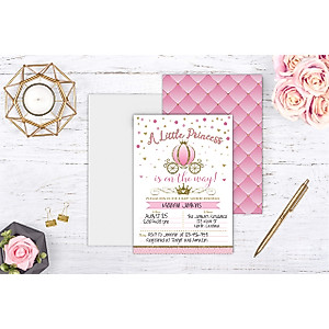 Your Main Event Prints Princess Baby Shower Invitation, Royal Pink and Gold Carriage Baby Sprinkle, 20 Fill in Invitations and Envelopes