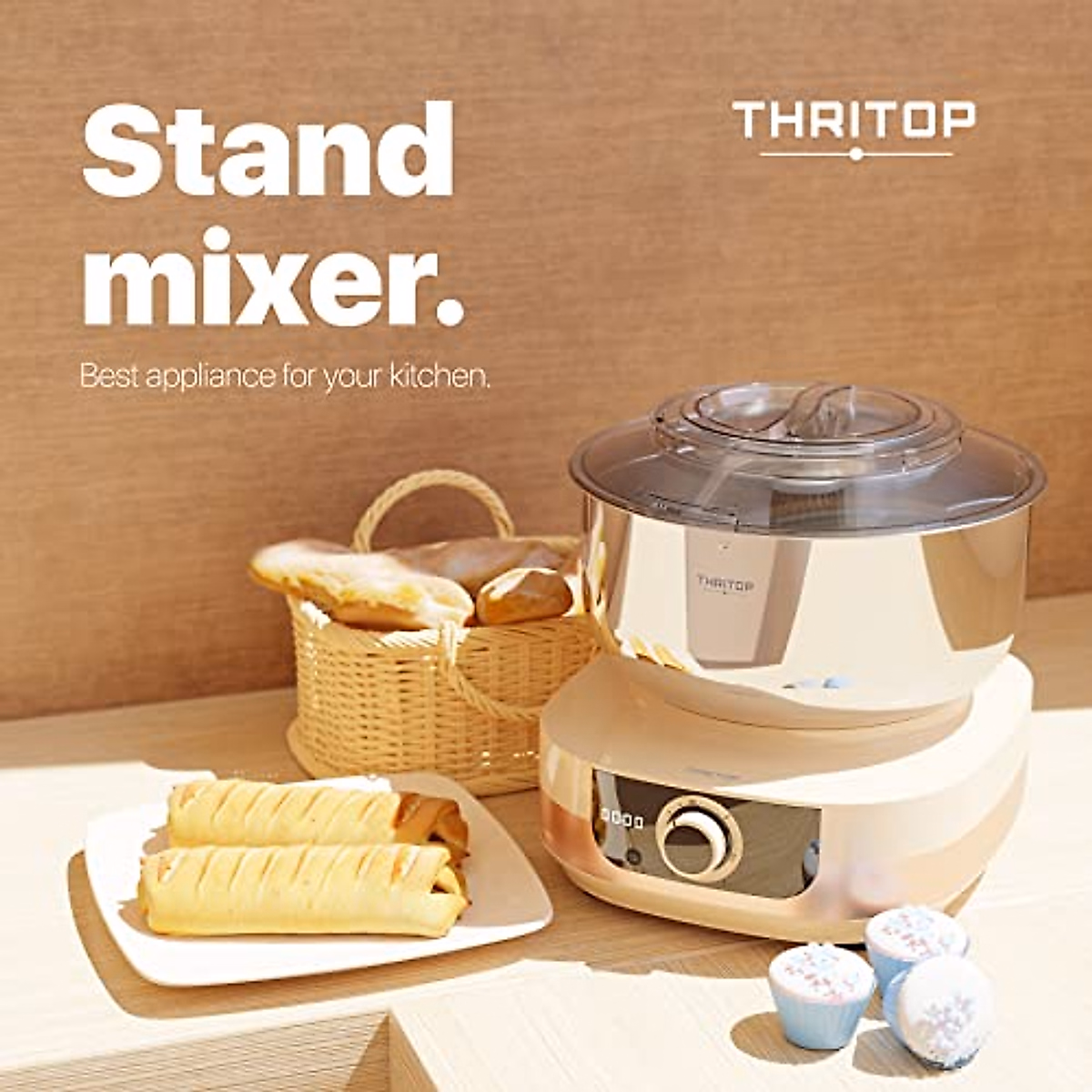 THRITOP Stand Mixer, 650W Stepless-Speed Open-Top Kitchen Electric Mixer with In-built Timer, 5QT Stainless Steel Mixing Bowl, Dual Dough Hook & Twin Whisk, Cream