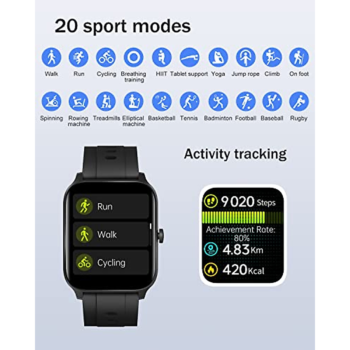 Smart Watch Compatible with iPhone Android Phones 2022, 1.7 inch Watches for Men Women IP68 Waterproof Fitness Tracker with Blood Oxygen/Heart Rate Monitor Sleep Steps Tracker DIY Watch Faces Black