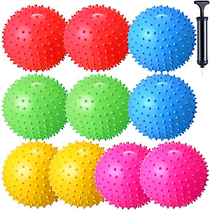 10 Packs Knobby Balls 9 Inches Sensory Balls Fun Bouncy Balls Spiky Toy Balls Inflatable Outdoor Ball Rubber Massage Stress Balls with Hand Air Pump for Party Favors Stocking Stuffers, 5 Colors
