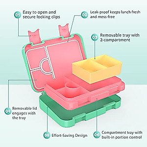 Caperci Mermaid Kids Bento Lunch Box - Leakproof 6-Compartment Children's Lunch Container with Removable Compartment - Ideal Portions for Ages 3 to 7, BPA-Free Materials