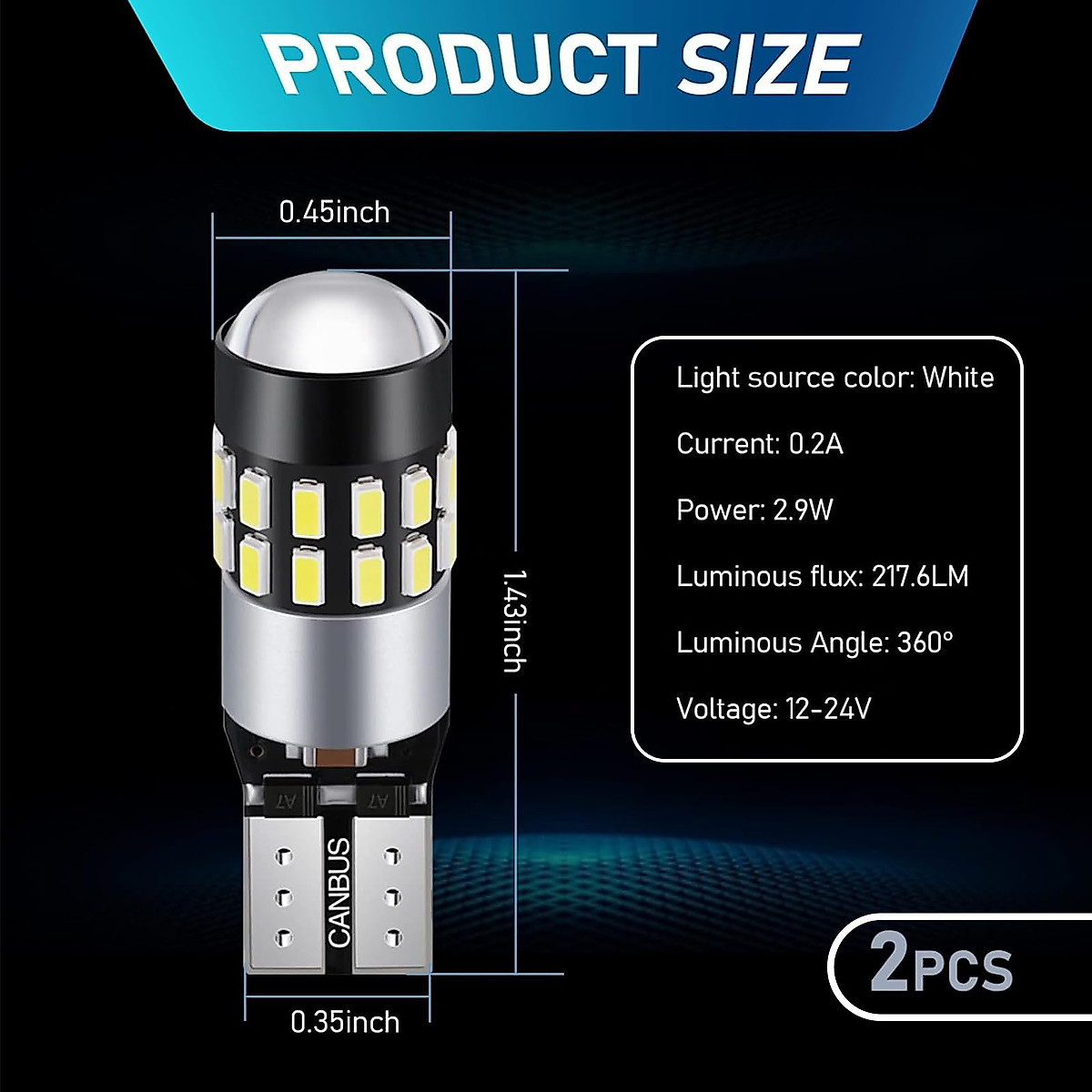 Slykew Pack-2 Car Super Bright LED Bulb, 3014-30SMD Non-polarity License Plate Light, Backup Reverse Lights, for Most Cars SUVs and Trucks 360 Degrees Aluminum Plug-and-play Bulb (White Light)