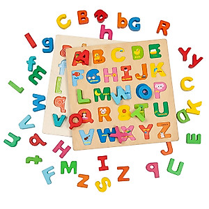 Wondertoys Wooden Alphabet Puzzle for Toddlers Chunky Lowercase & Uppercase Letters ABC Puzzles Board for Preschools Boys and Girls