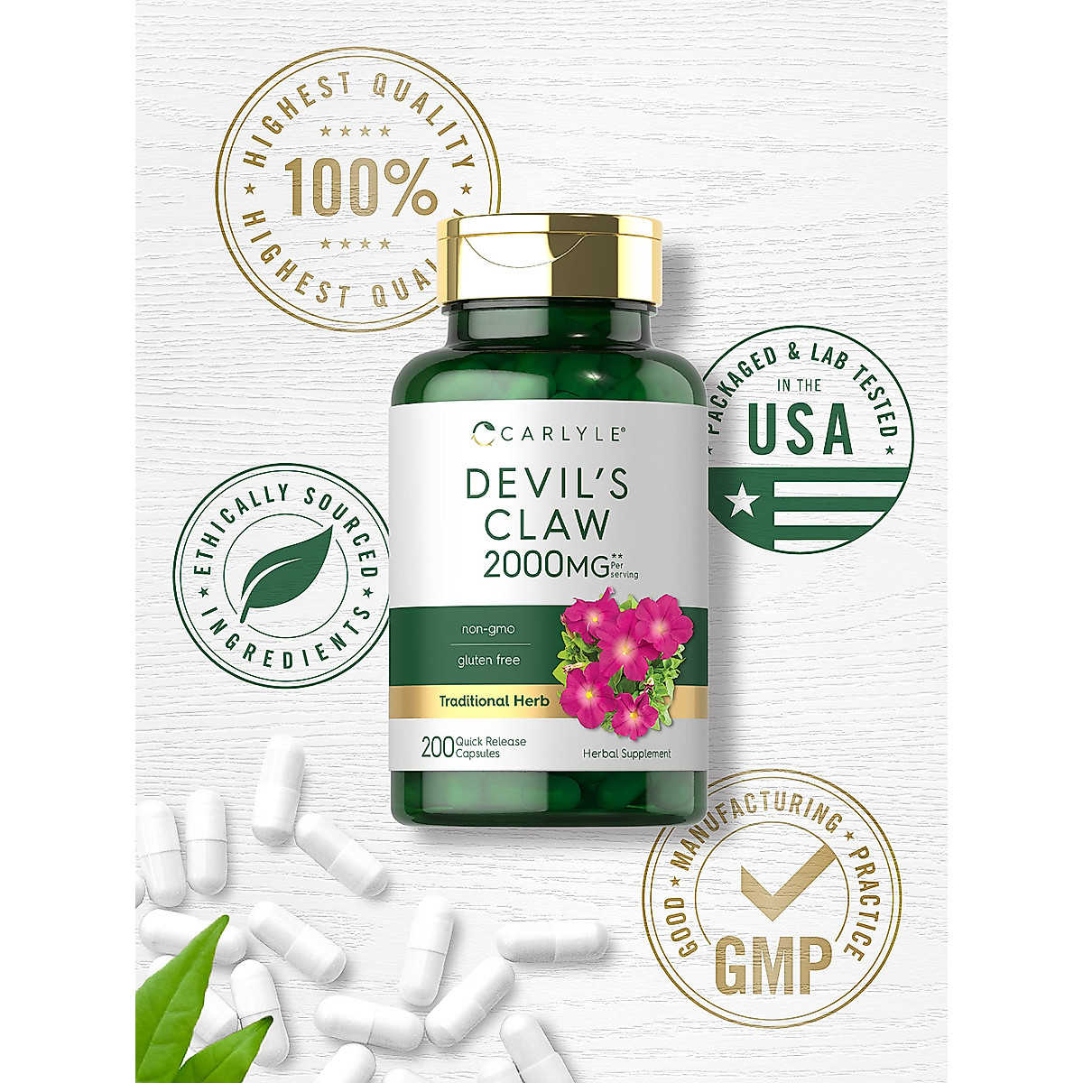 Carlyle Devils Claw 2000 mg | 200 Capsules | Concentrated Root Extract | Devils Claw Herbal Supplement | Non-GMO, Gluten Free Supplement