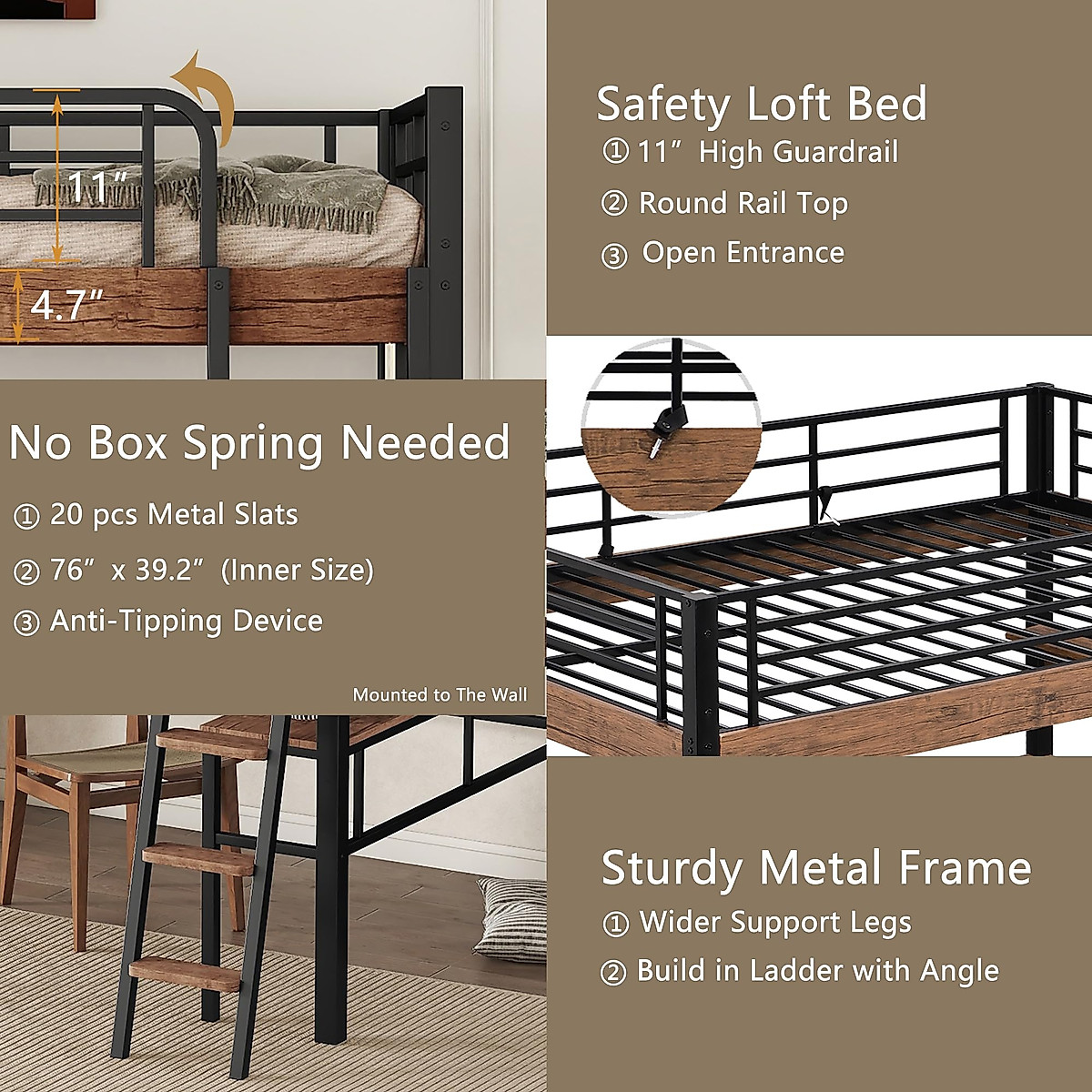 Twin Loft Bed with Desk and Storage Shelf, Metal Loft Bed Twin Size with Wider Ladder and Full Length Guardrail, Twin Size Loft Bed for Kids, Teens, Twin Loft Bed Black+Natural