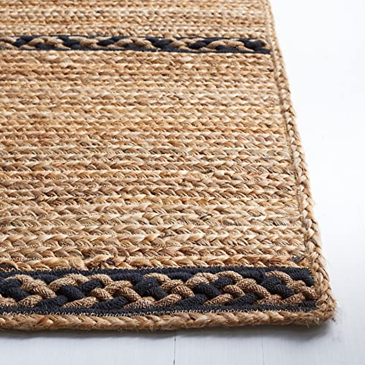 SAFAVIEH Natural Fiber Collection Accent Rug - 4' x 6', Natural & Black, Handmade Stripe Boho Farmhouse Rustic Braided Jute, Ideal for High Traffic Areas in Entryway, Living Room, Bedroom (NFB262Z)