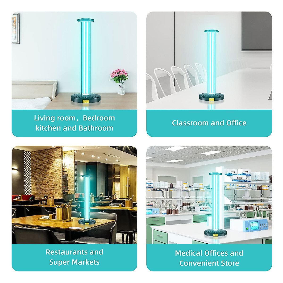 JTAPURE Ultraviolet Lamp, 100W Ozone Free UV Light Purifier for Large Room, with Three-Step Timing Remote Control, Blue Light, Up to 99.9% Purification for Bathroom, Bedroom, Toilet