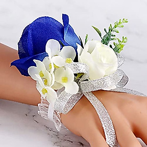V-BICUIYUAN Corsage and Boutonniere Set-Prom Artificial Peony Rose Flower Wrist Corsage Bracelets, Homecoming Corsage Wristlet, for Wedding Flowers Accessories Prom Suit Decorations (Royal Blue)