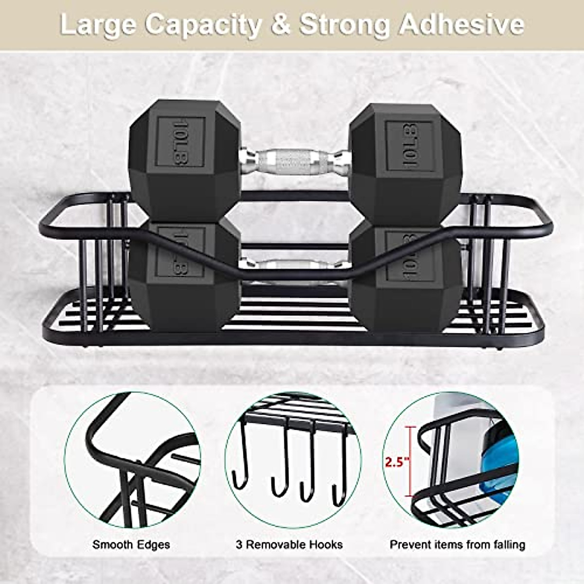 MXARLTR Adhesive Shower Caddy Shower Shelves, Shower Shelf for Inside Shower, No Drilling Wall Mounted Shower Basket Shelf with 3 Hooks, Kitchen Spice Rack Bathroom Shower Organizer 3 Pack, Black