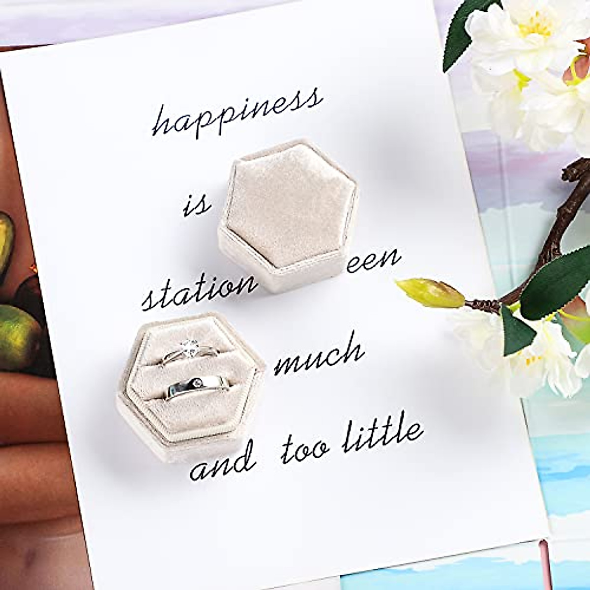 Etercycle Velvet Jewelry Ring Box, Hexagon Premium Gorgeous Vintage Double Ring Gift Box with Detachable Lid for Proposal Engagement Wedding Ceremony(Beige)