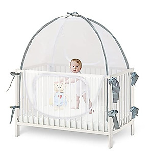 Baby Crib Tent Safety Net, Durable Strong Self-Locking Zippers, Protects from Climbing Out and, Insects, Mosquitoes, Installs with Rods (Crib 52.25" - 28.25")