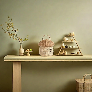 Wnvivi Mushroom Shape Rattan Storage Basket,Hand Woven Wicker Storage Bin with Handle and Lid,Cute Mushroom (25x25cm)