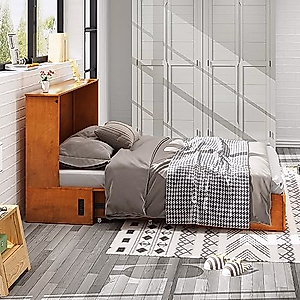 MUZZ Queen Size Murphy Cabinet Bed with Memory Foam Mattress, Charging Station and Large Drawer (Queen, Cherry with Handles)