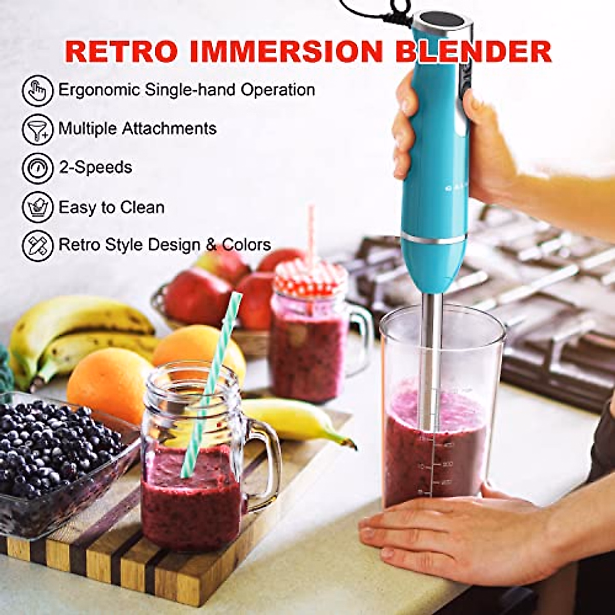 Galanz 4-in-1 Retro Immersion Hand Blender & Food Chopper with Whisk, 2 Speeds, Blending Beaker Included, Stainless Steel, 260W, Blue