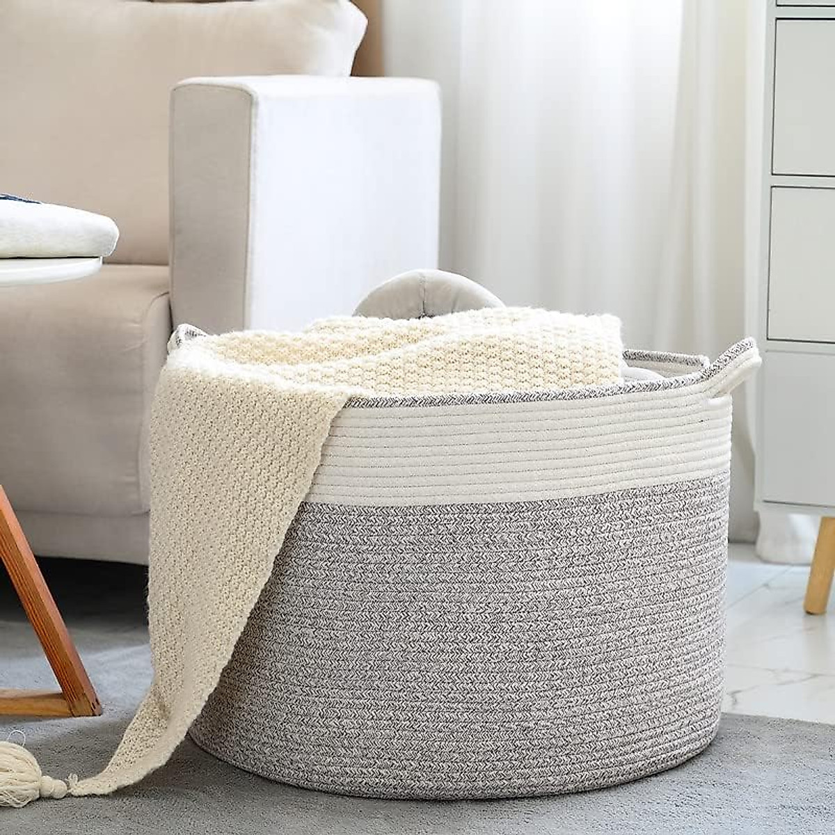 miberte Large Cotton Rope Basket-Throw Blanket Storage Basket 22" x 22" x 14" for Pillows in Living Room Woven Baby Laundry Basket with Handle,Nursery Basket Soft Toy Storage Basket Brown & White