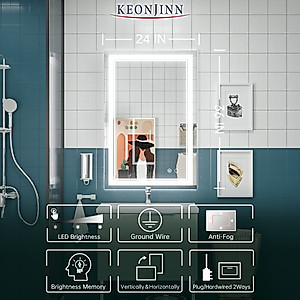 Keonjinn LED Mirror for Bathroom, 36 x 24 Inch, Wall Mounted, Dimmable, Anti-Fog, IP54 Waterproof, 3 Year Warranty