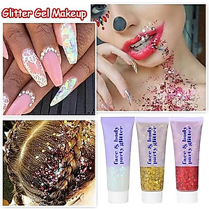 4 Colors Body Glitter Gel,Face Glitter Body Gel Singer Concerts Makeup,Sparkling Holographic Gel Long Lasting Chunky Sequins Glitters for Eye Lip Hair Nails,Festival Rave Accessories Halloween Makeup