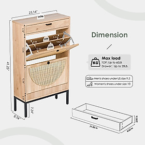 Yechen Shoe Rack Storage Organizer with 2 Natural Semi-Circular Rattan Doors, Entryway Wooden Shoe Cabinet for Sneakers, Leather Shoes, High Heels, Slippers (1 Piece, Oak)