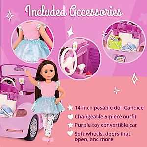 Glitter Girls – Purple Convertible Car & 14-inch Poseable Doll Candice – Rolling Wheels, Opening Doors, Trunk & Interior Storage – Toys, Clothes, and Accessories for Ages 3+